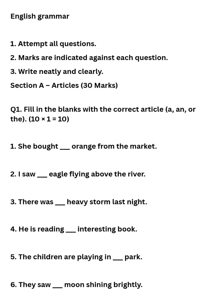 Grade 7 English Grammar Worksheet | PDF