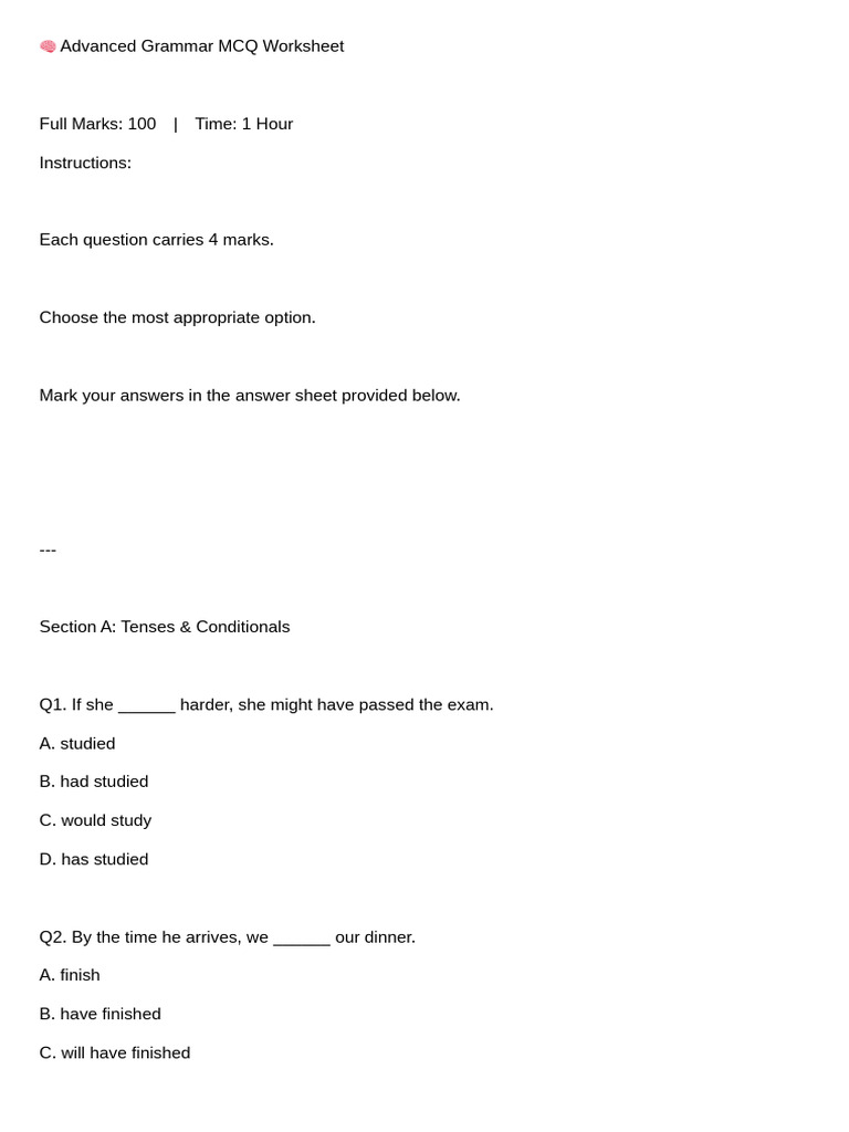 Advanced Grammar MCQ Worksheet | PDF | English Language | Adverb