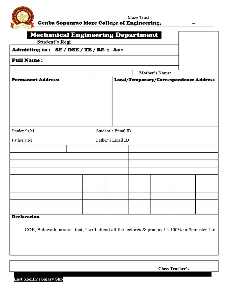 Updated Department of Mechanical Engineering Registration Form | PDF ...