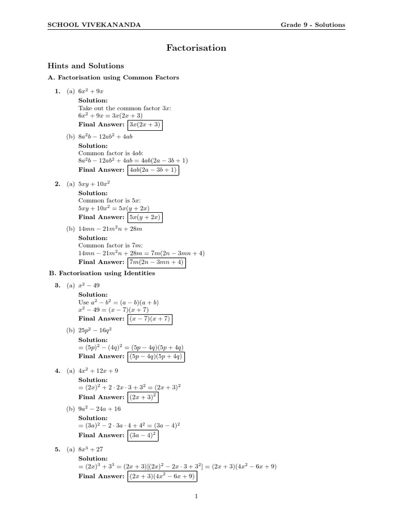 Grade 9 Factorization Solutions | PDF | Factorization | Chess