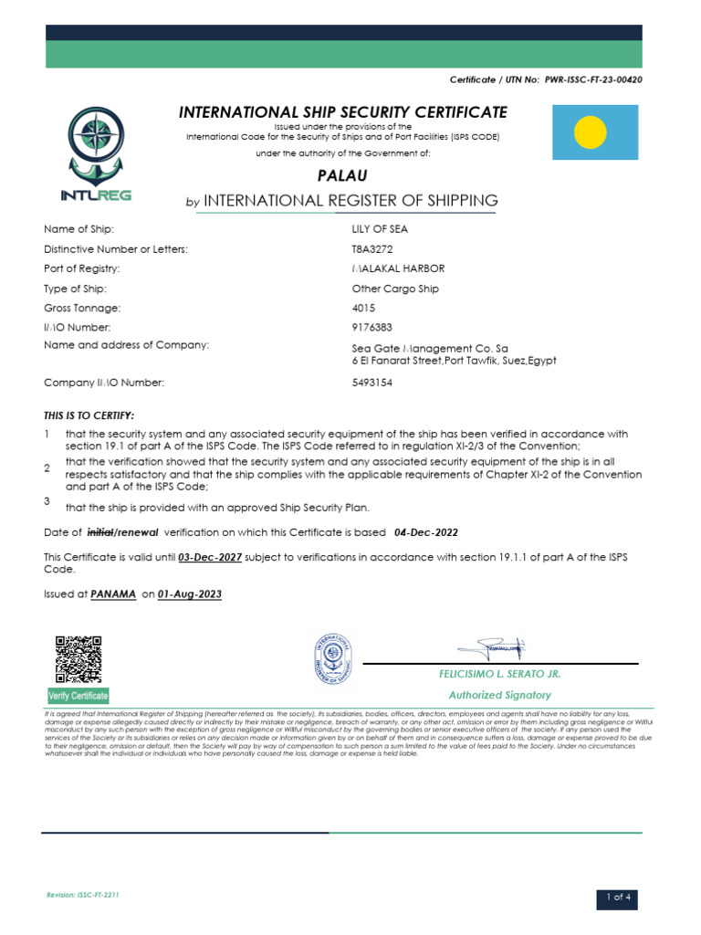 A.07 International Ship Security Certificate, IsSC (Subject To Periodical Verification) | PDF ...