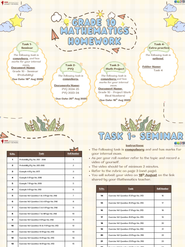 Grade 10 Math Homework Tasks Overview | PDF | Reading Comprehension ...