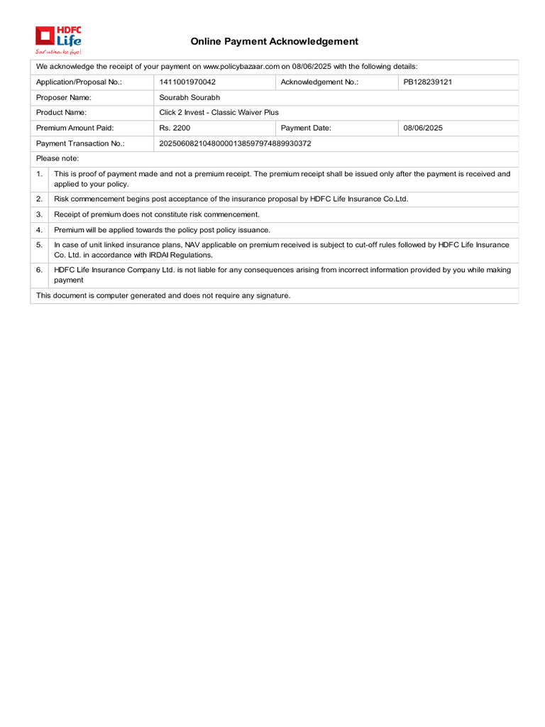 Payment Acknowledgement for Click 2 Invest | PDF