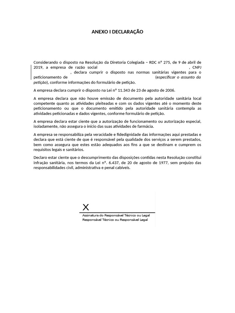 AFE AE Declaracao Do Anexo I Da RDC 275 2019 | PDF