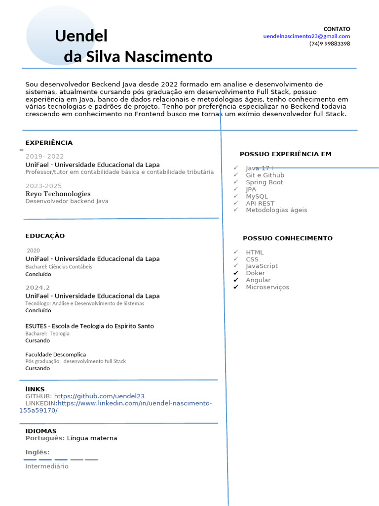 Currículo de Desenvolvedor Backend Java | PDF