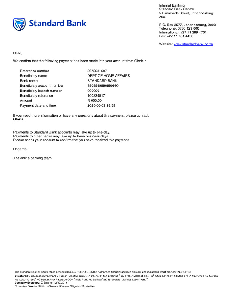 Standard Bank Payment Confirmation Details | PDF | Banking