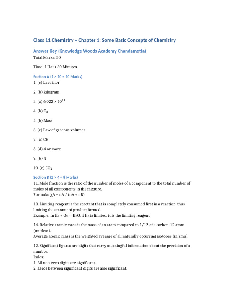 Class11 Chemistry Ch1 AnswerKey KnowledgeWoods | PDF