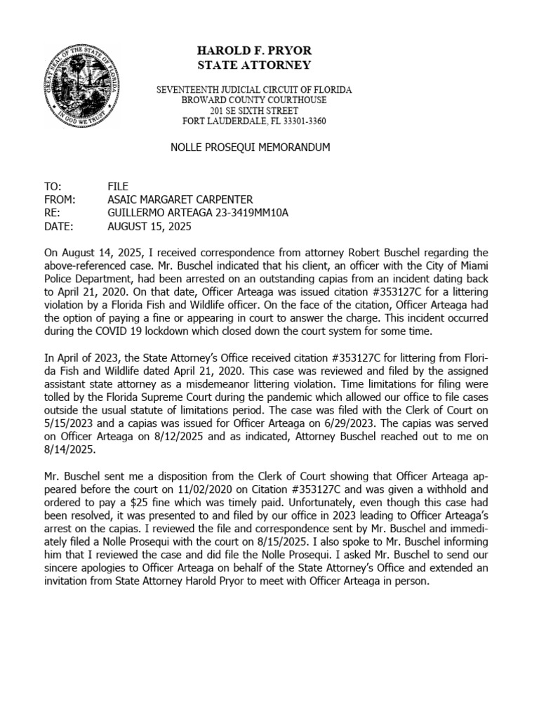 Nolle Prosequi for Officer Arteaga Case | PDF | Summons | District Attorney