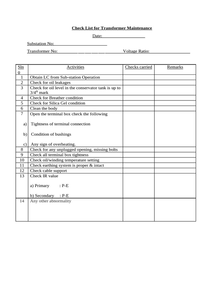 Check List For Transformer Maintenance | PDF