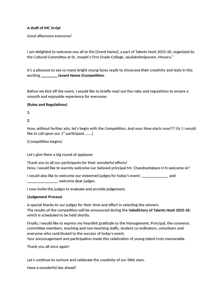 MC Script for Talents Hunt 2025-26 | PDF