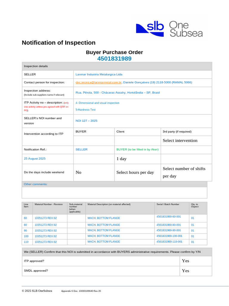 Inspection Notification for Purchase Order 4501831989 | PDF