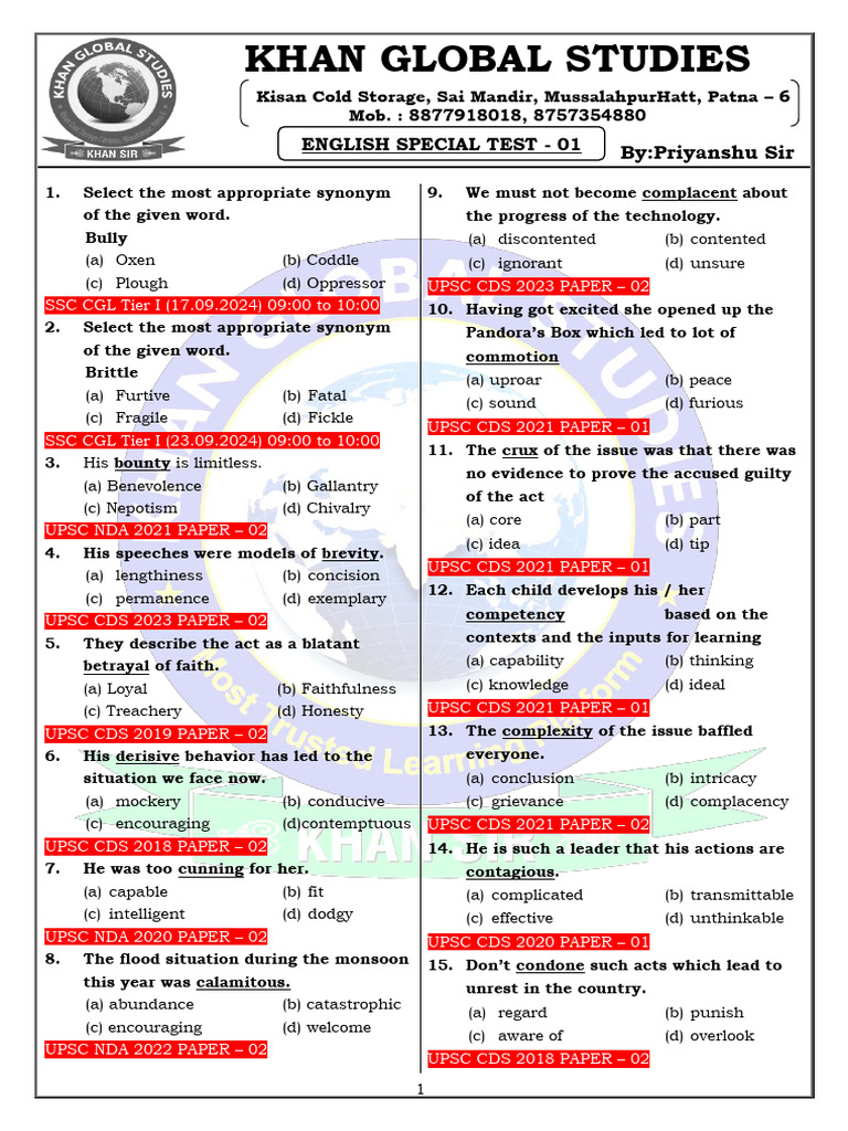 Synonym Selection Practice Test | PDF
