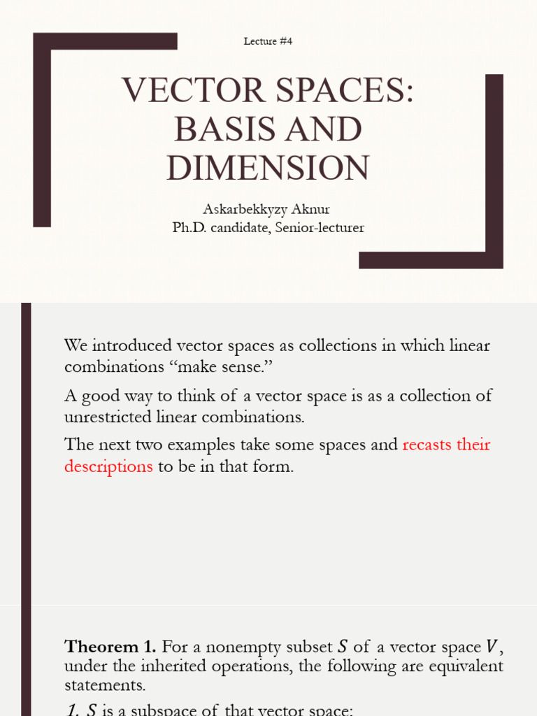 Lec4 Vector Spaces. Basis and Dimension | PDF | Basis (Linear Algebra) | Linear Subspace