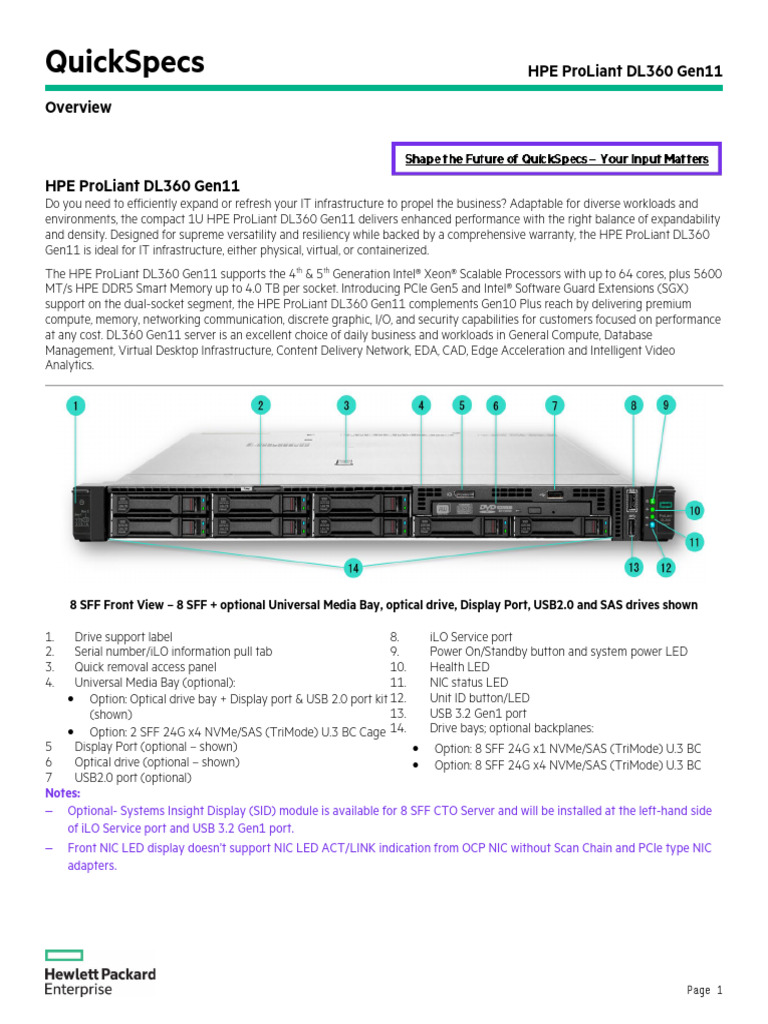 HPE ProLiant DL360 Gen11-A50004306enw | PDF | Solid State Drive | Computer Engineering