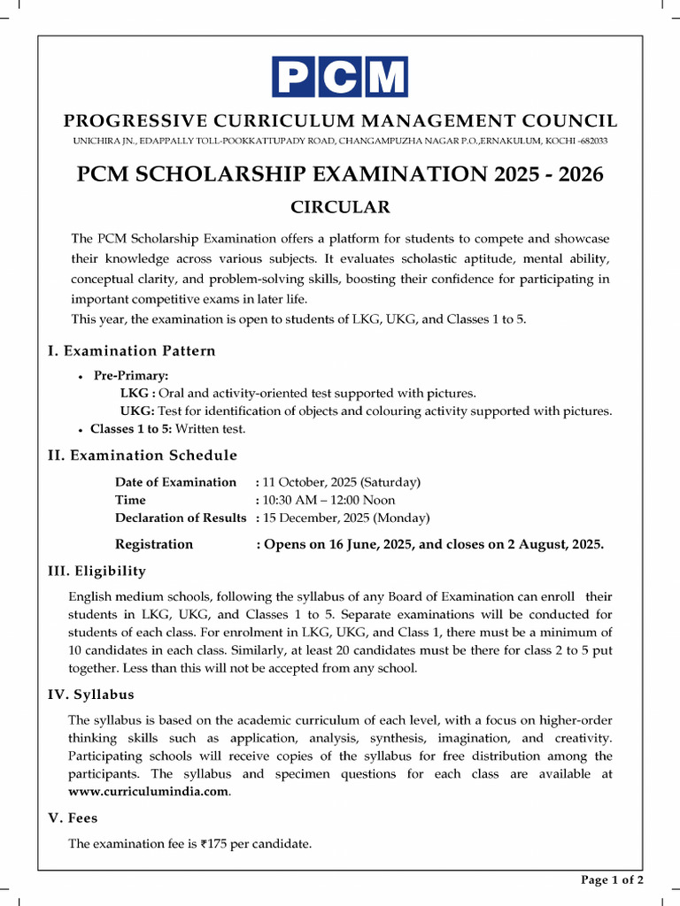 PCM Scholarship Circular 2025-26 | PDF