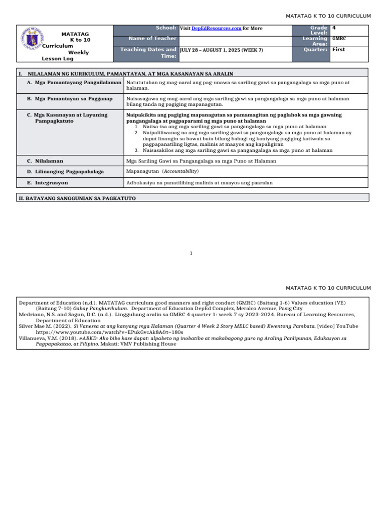 DLL Matatag - GMRC 4 q1 w7 | PDF