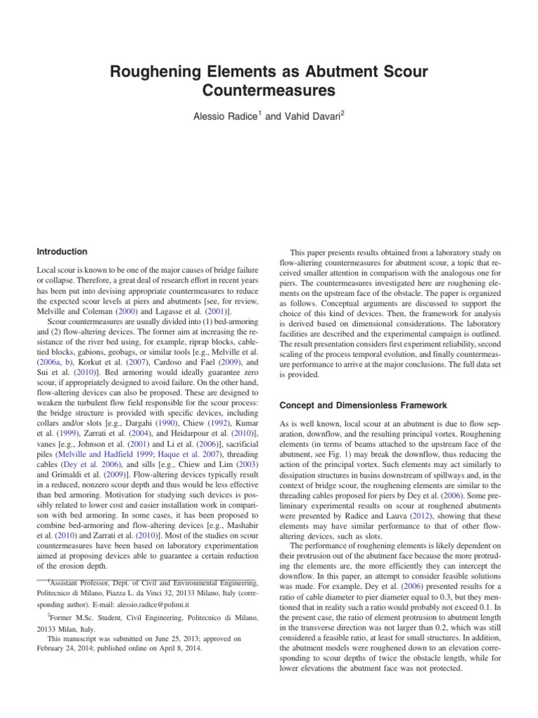 Roughening Elements As Abutment Scour Countermeasures: Alessio Radice ...