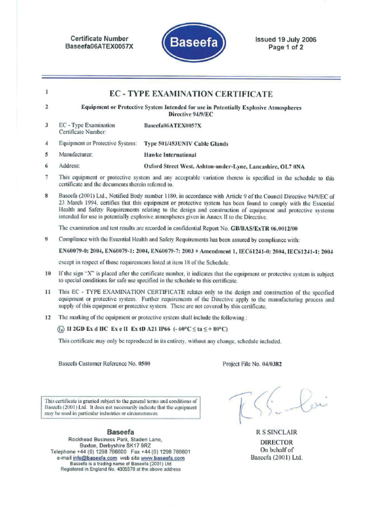 Baseefa 06 Atex 0057x | PDF