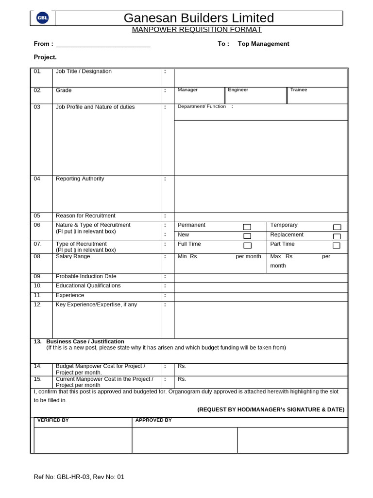 GBL-HR-03 Man Power Request Form | PDF