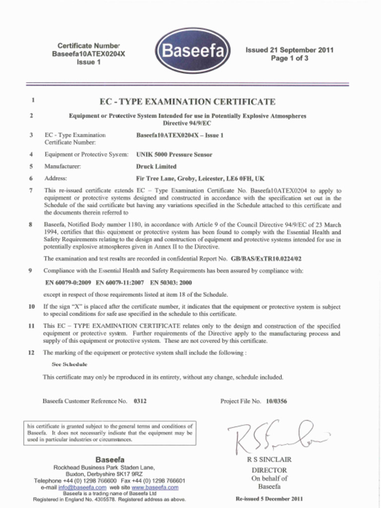 Baseefa 10 ATEX 0204X - Issue 1 | PDF