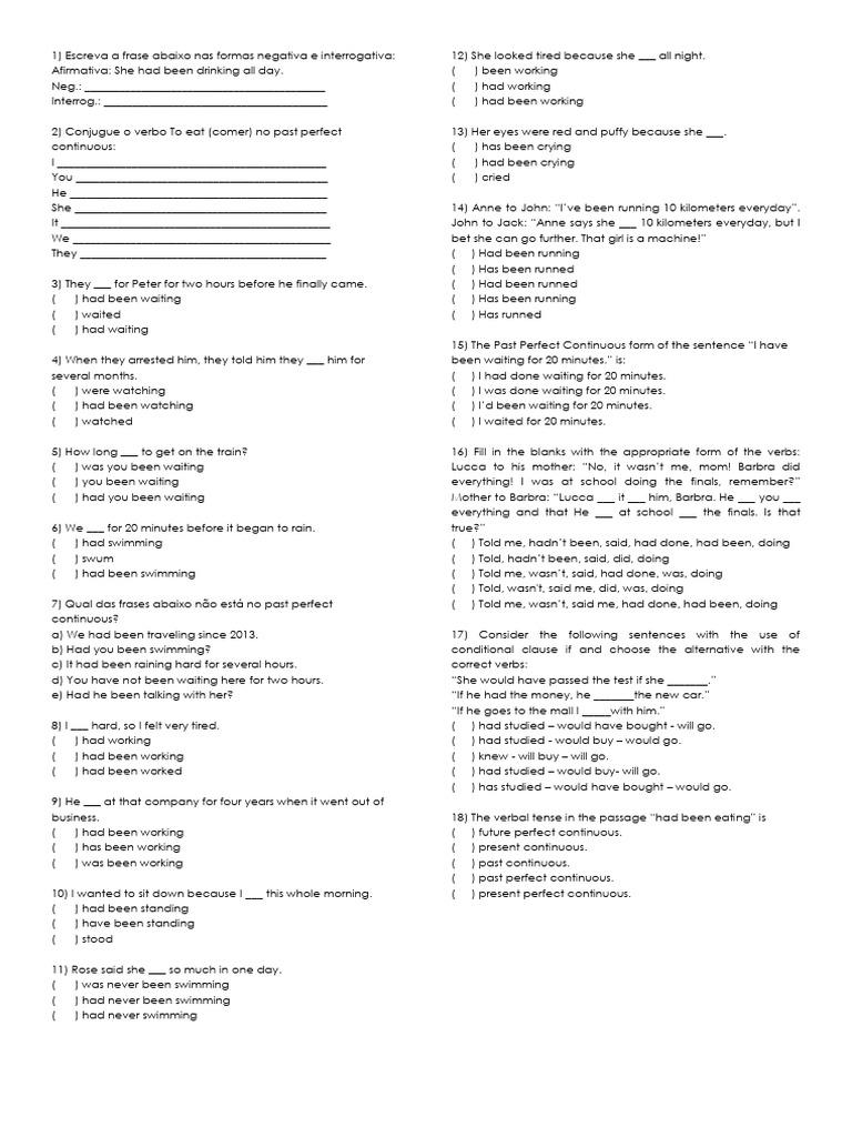 Exercicios Past Perfect Continuous II | PDF | Semantic Units | Semantics