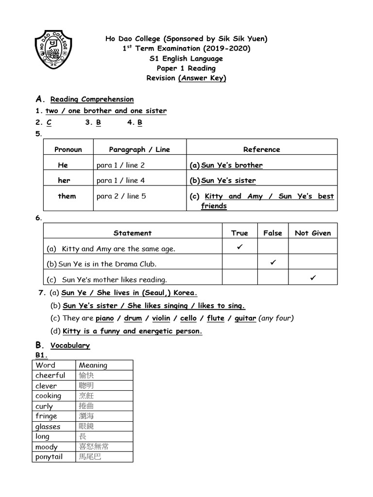 ENG - S1 - Revision Notes and Ans Key - 1st Term Exam - 1920 - All ...
