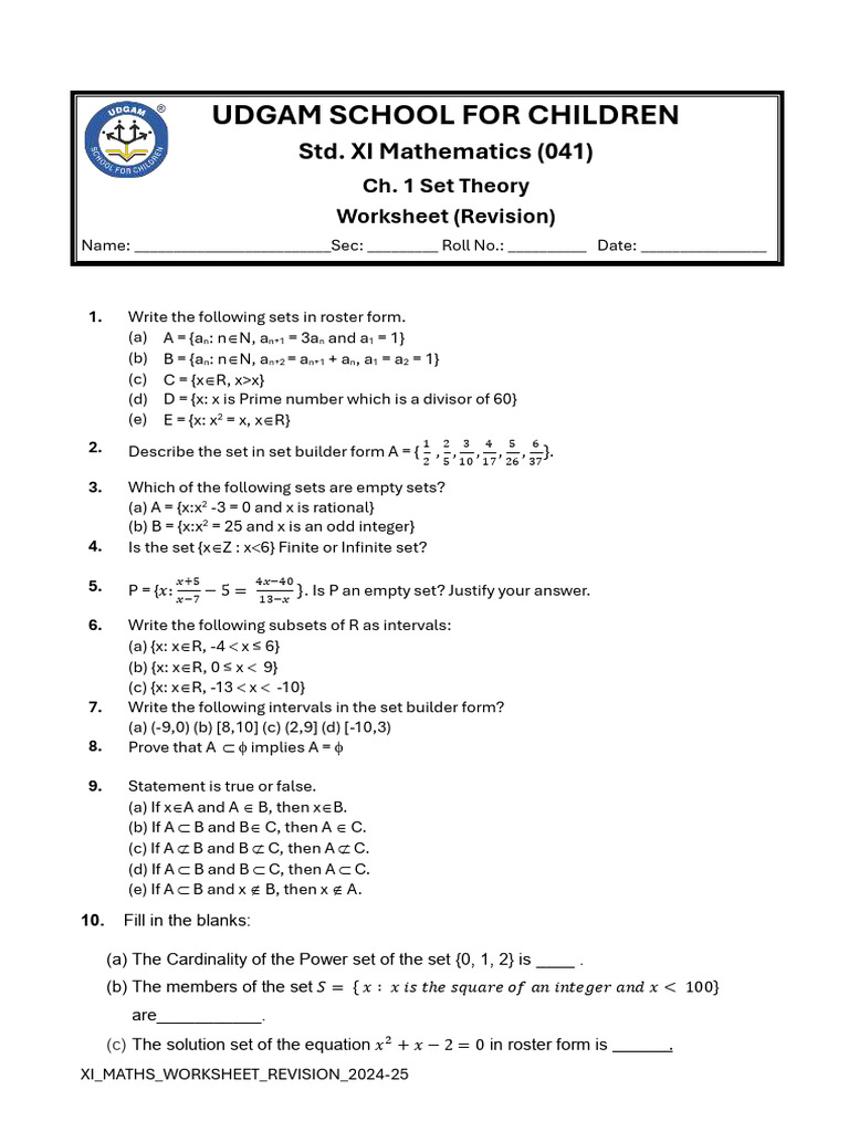 XI Mathematics Set Theory Worksheet | PDF | Numbers | Mathematical Concepts