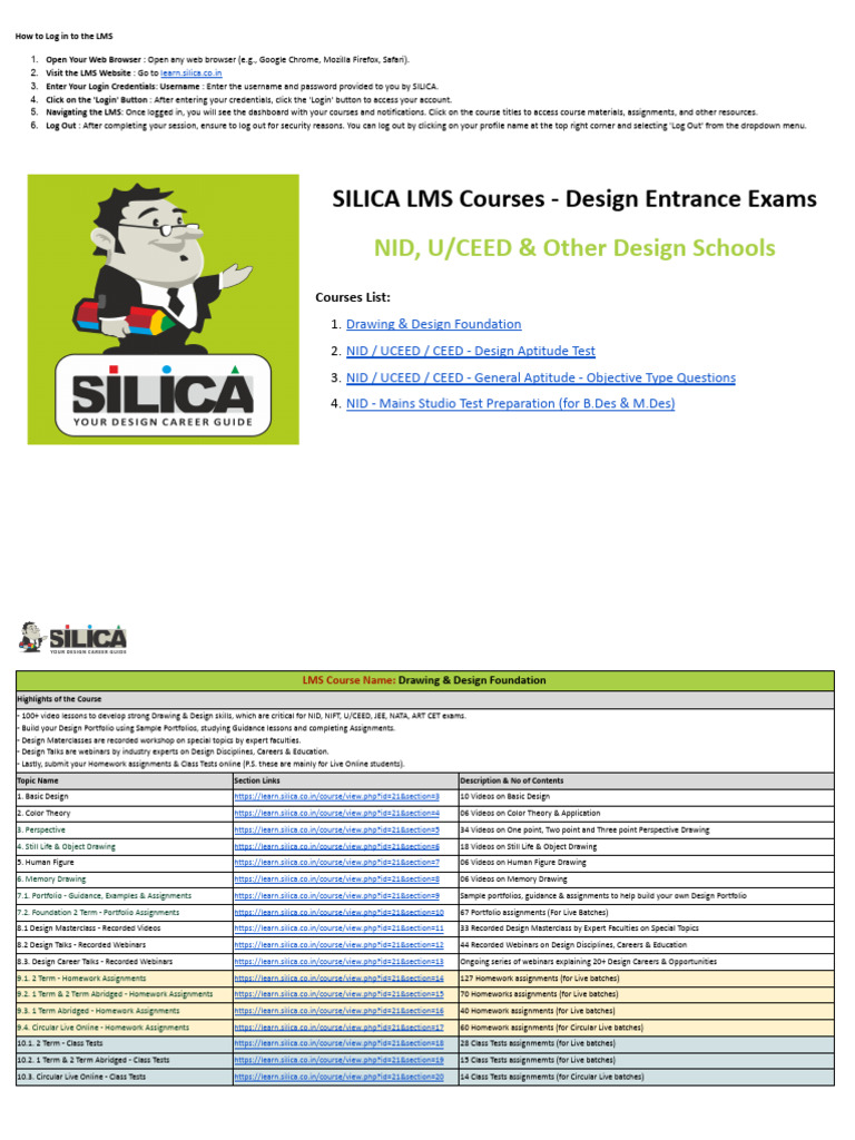 Silica LMS Login Guide for Design Courses | PDF | Drawing | Design