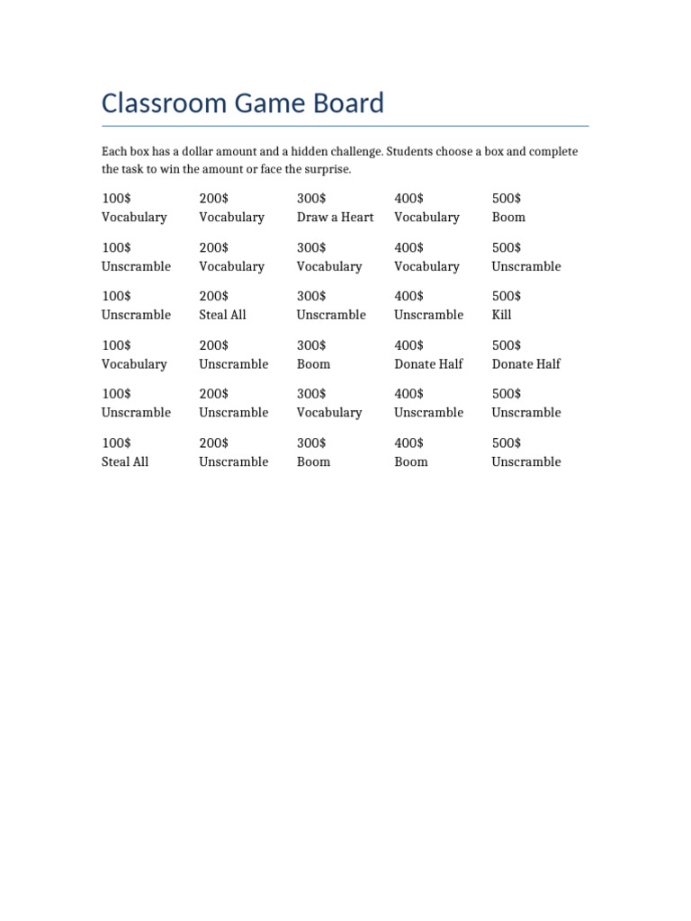 Classroom Game Board | PDF