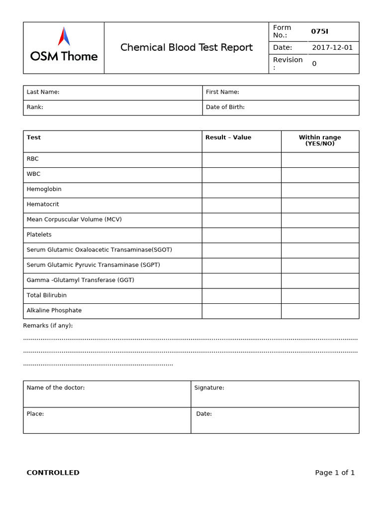 Chemical Blood Test Results Summary | PDF
