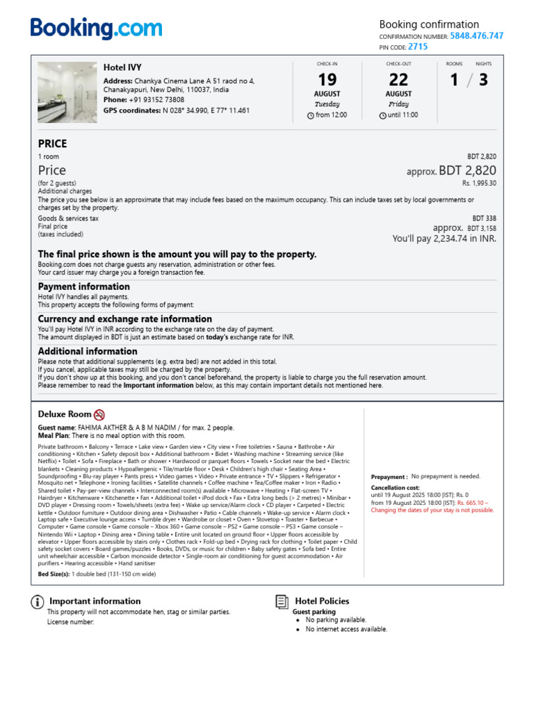 Hotel IVY Booking Confirmation Details | PDF | Payments | Exchange Rate