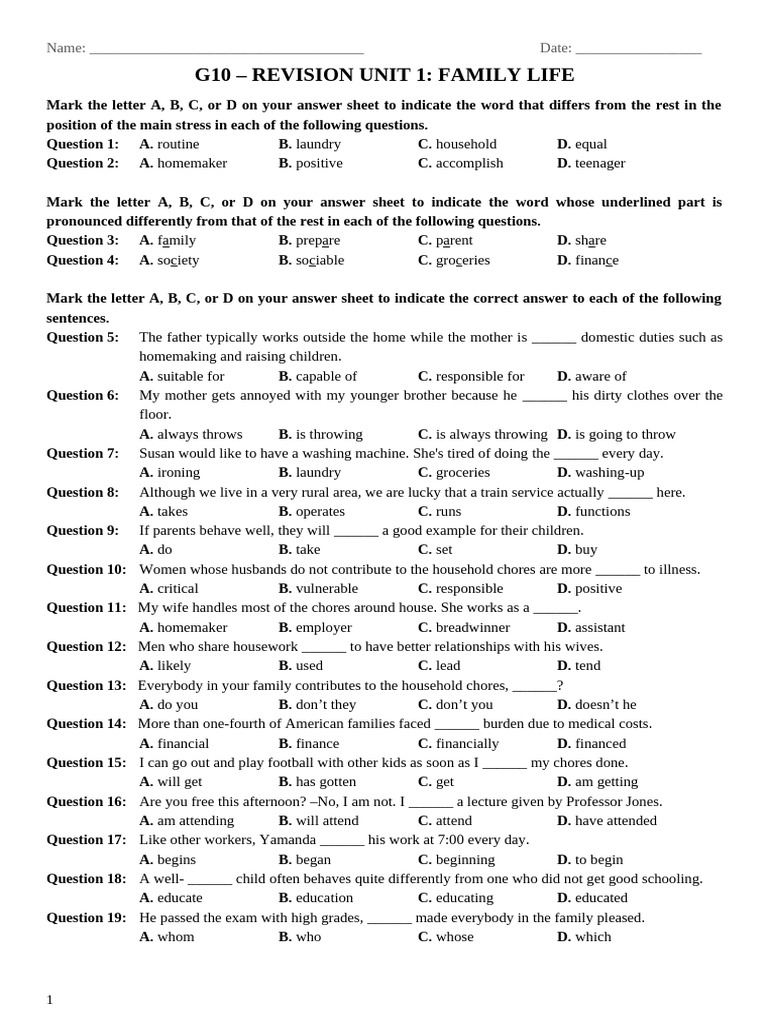 (R) Revision Unit 1 Grade 10 No.1 Upload | PDF | Family | Single Parent