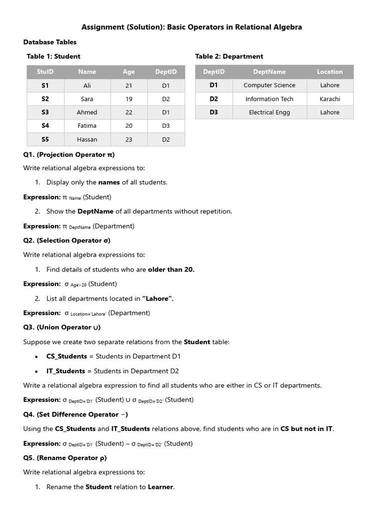 Relational Algebra Assignment Operators | PDF | Mathematical Logic ...