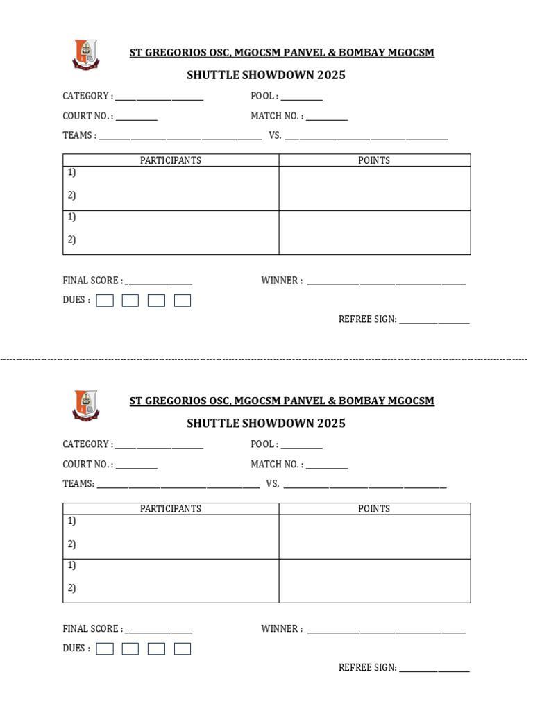 Referee Sheet Copy - Shuttle Showdown | PDF