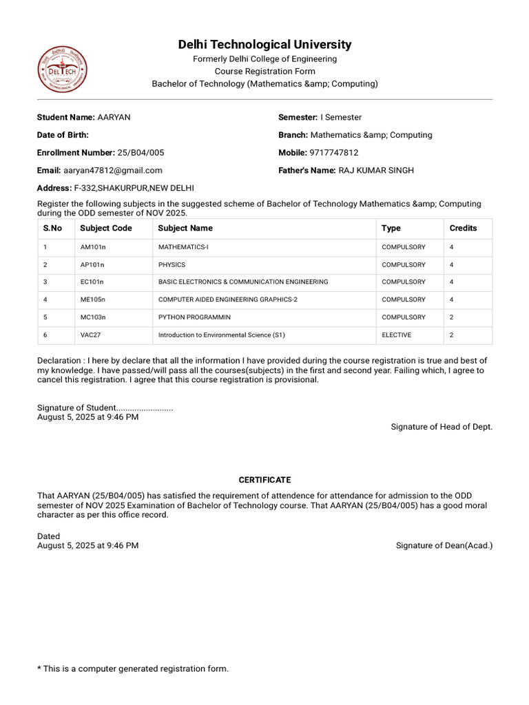 Registration Acknowledgement Slip | PDF