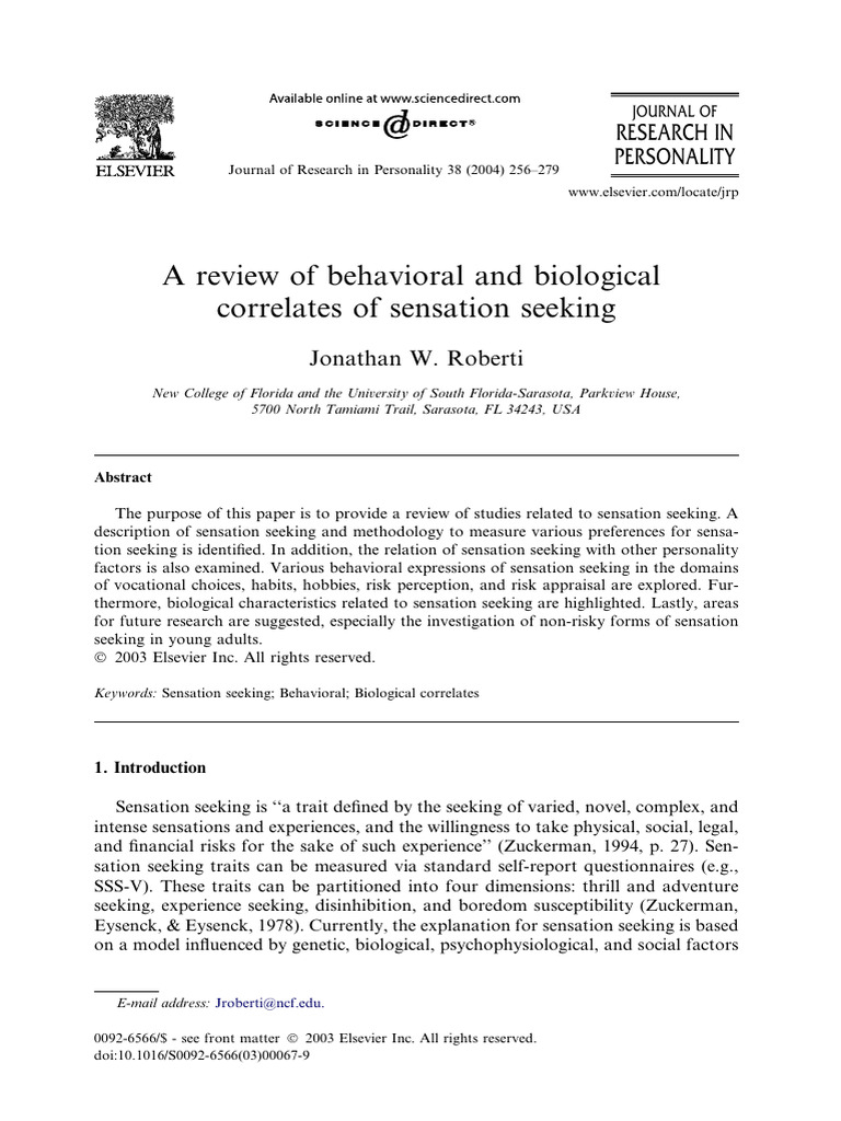 A Review of Behavioral and Biological Correlates of Sensation Seeking ...
