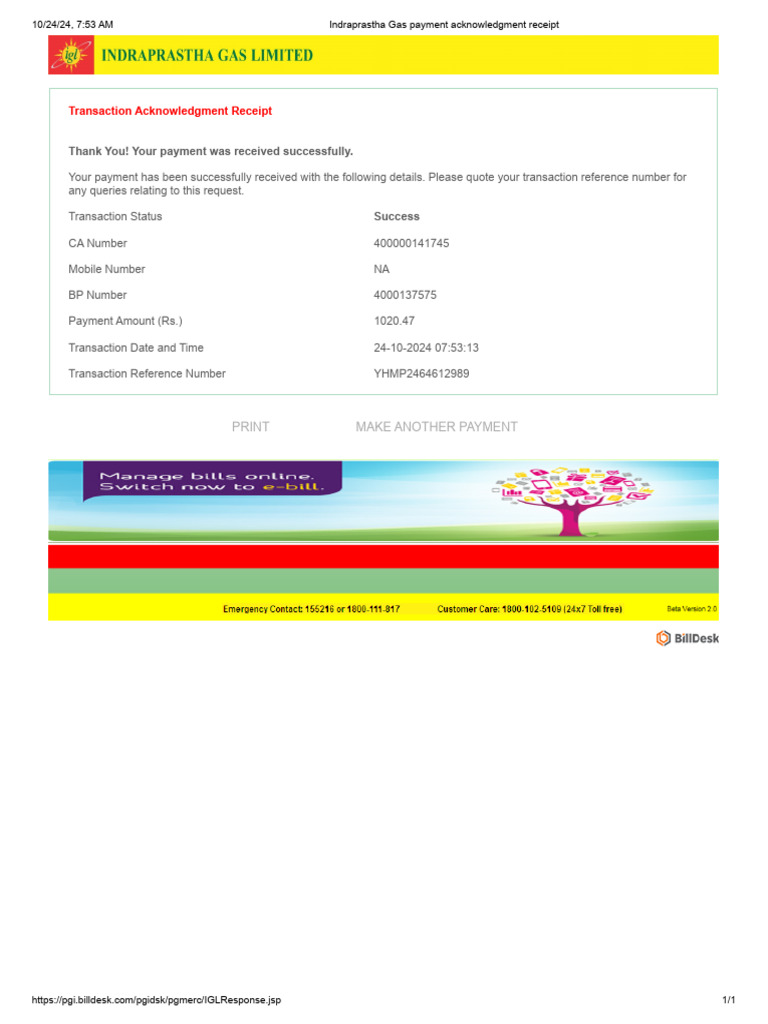 141 Sawan - Oct24 - Indraprastha Gas Payment Acknowledgment Receipt | PDF