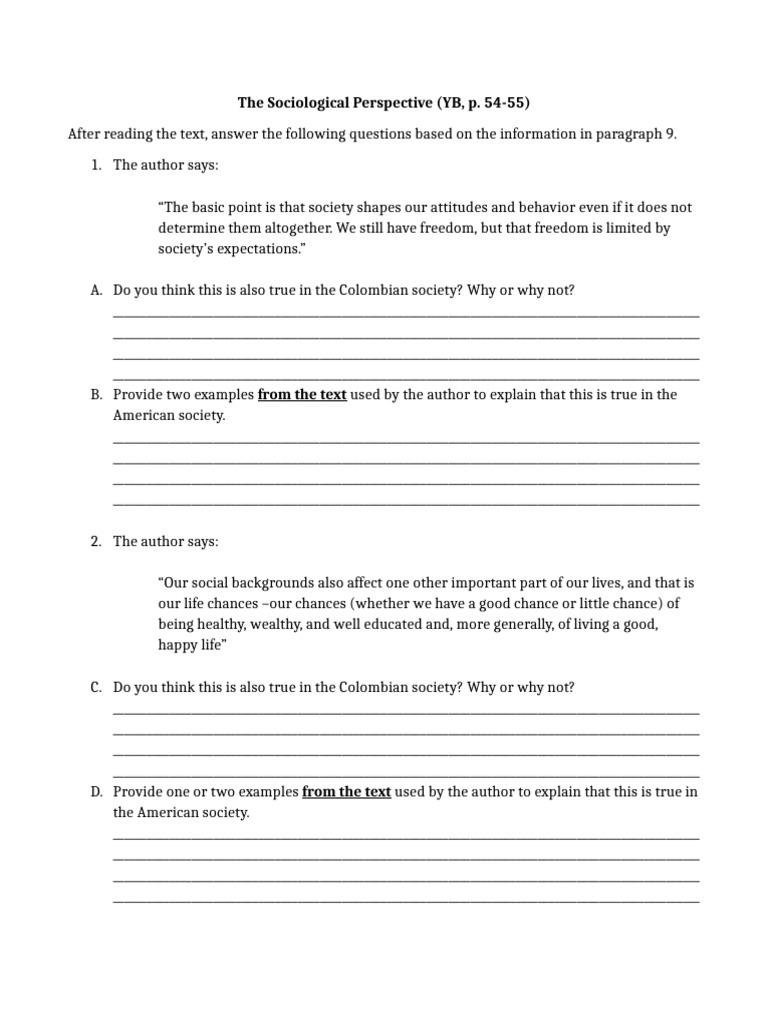 The Sociological Perspective - Analysis Questions | PDF | Behavioural ...
