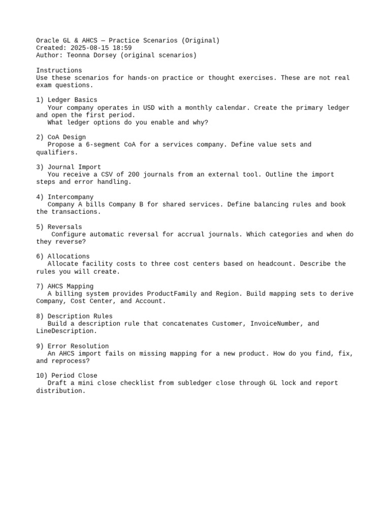Oracle GL AHCS Practice Scenarios | PDF