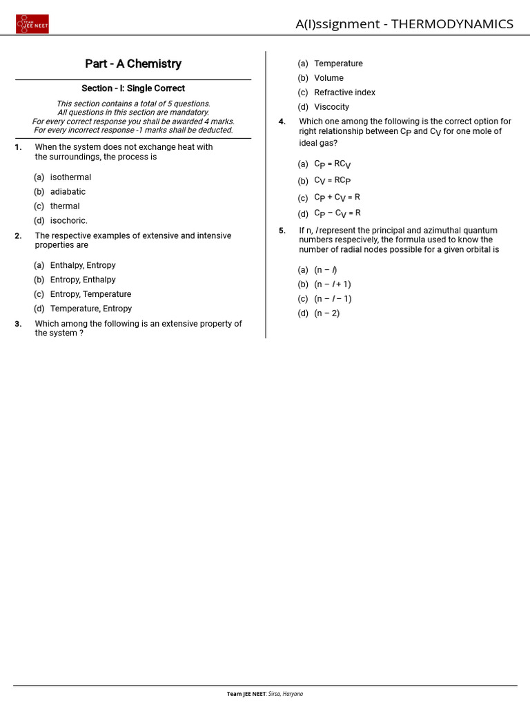 Chemistry Quiz: Thermodynamics Basics | PDF | Entropy | Heat