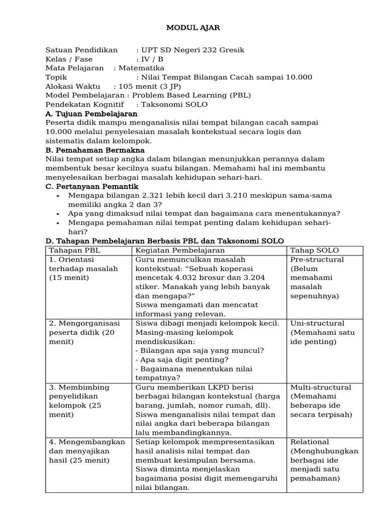 Modul Ajar - Matematika Nilai Tempat | PDF