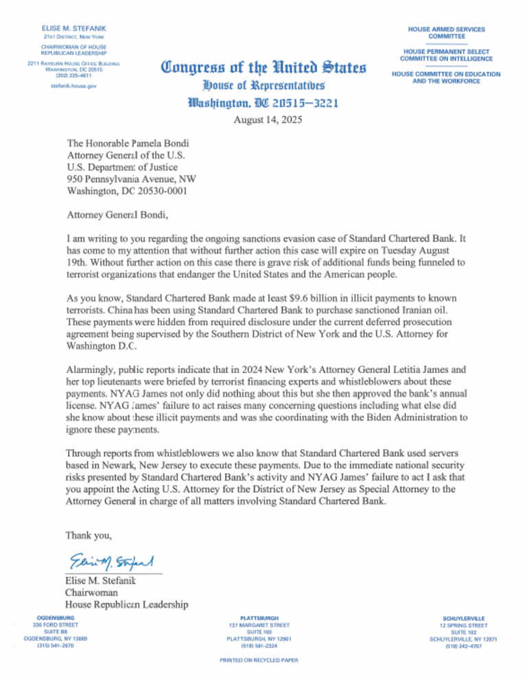 Pam Bondi Letter From Elise Stefanik About Standard Chartered Bank ...