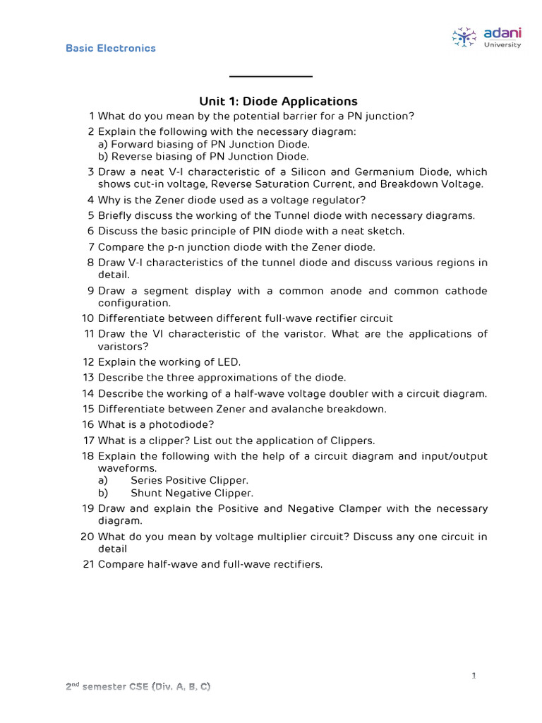 Assignment 1 - Basic Electronics (CSE-2 Sem) | PDF | Bipolar Junction Transistor | Diode