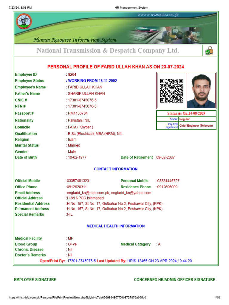 Farid Ullah Khan's Employee Profile | PDF | Government Of Pakistan ...
