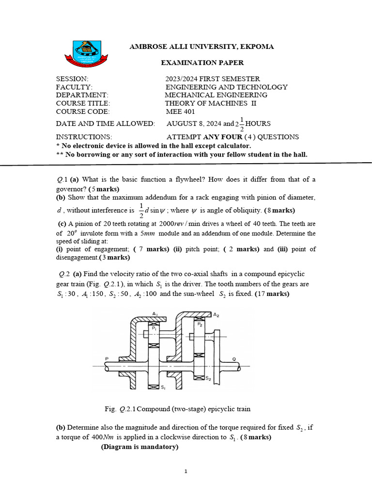 Mee 401 Exams 2023-2024 | PDF | Belt (Mechanical) | Gear