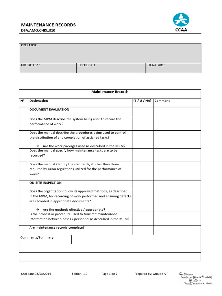 Maintenance Records Evaluation Checklist | PDF
