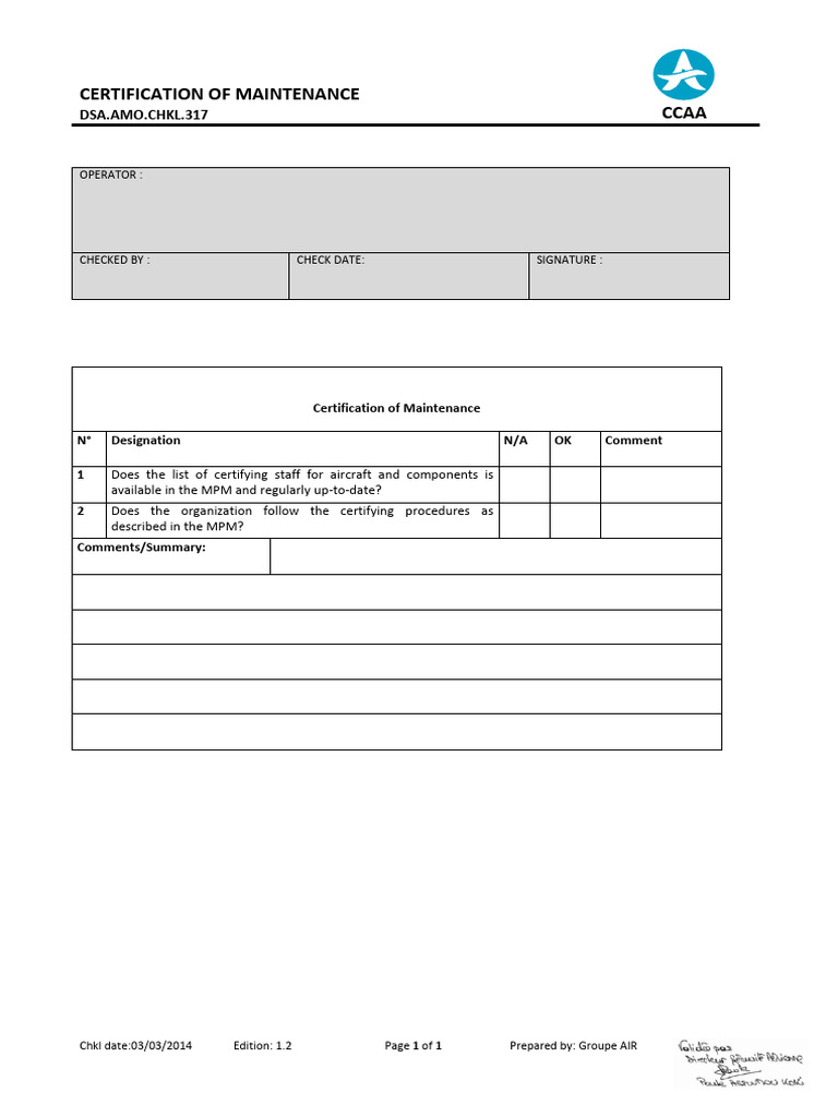 DSA - amo.CHKL.317 Certification of Maintenance | PDF