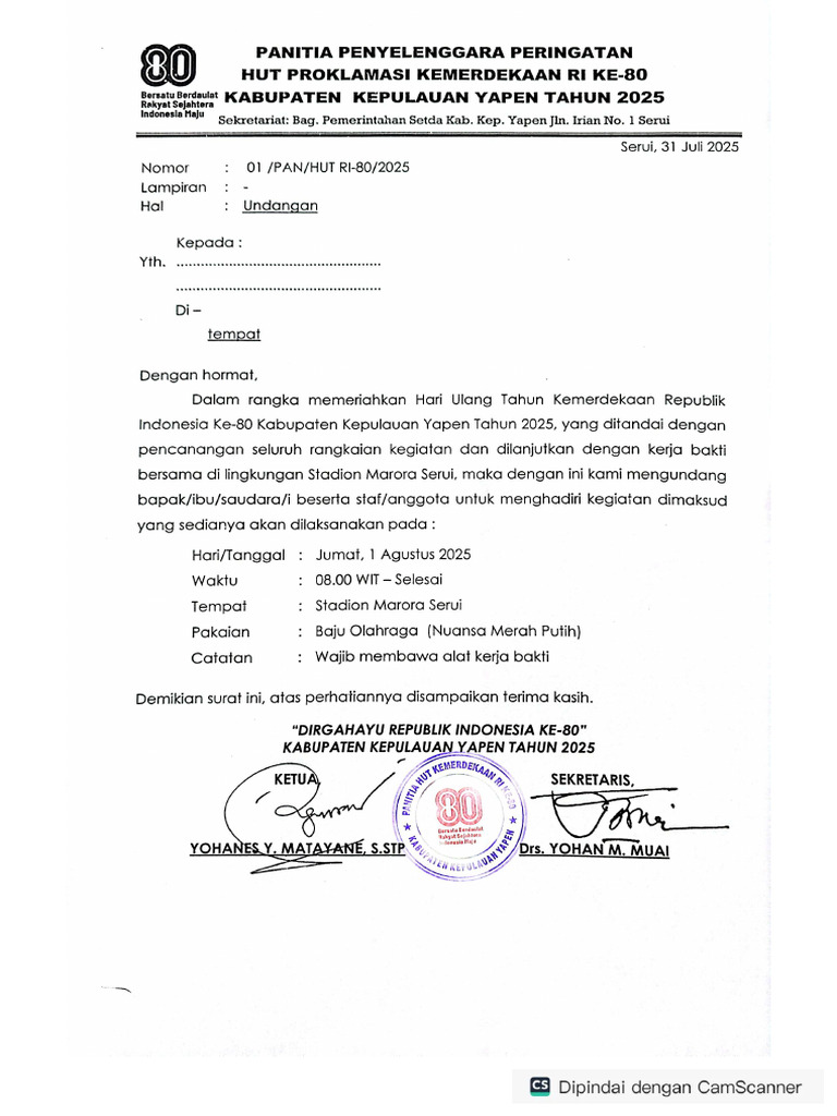 Undangan Apel Gabungan Hut Ri 80 Di Stadion Marora | PDF