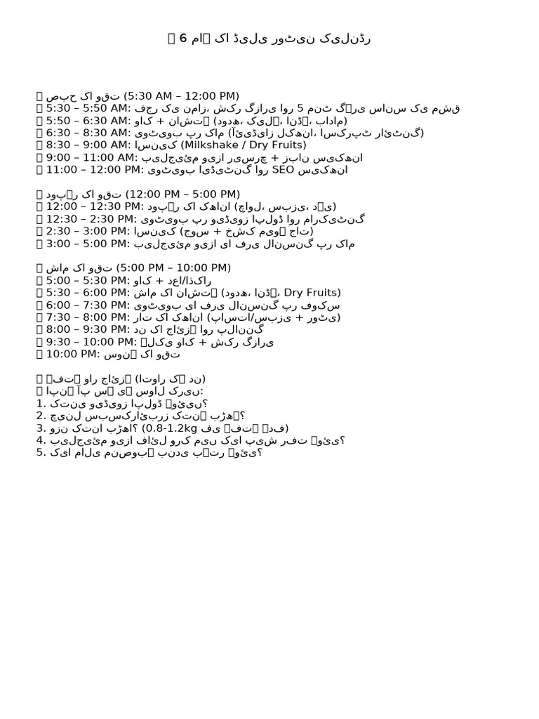 6 Months Urdu Daily Routine | PDF