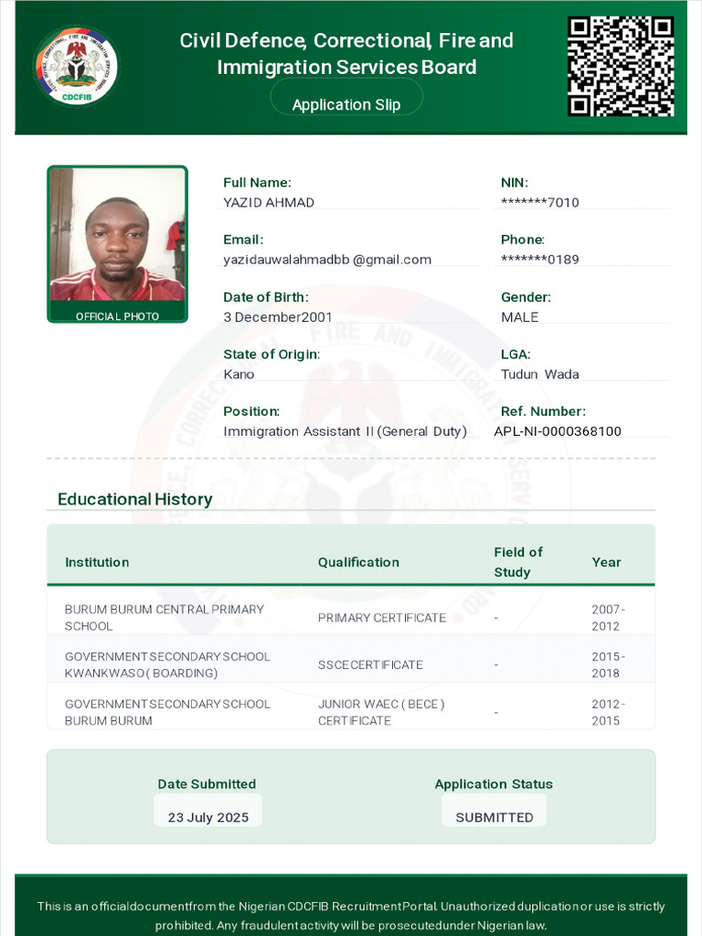 YAZID AUWAL AHMAD Application Slip | PDF